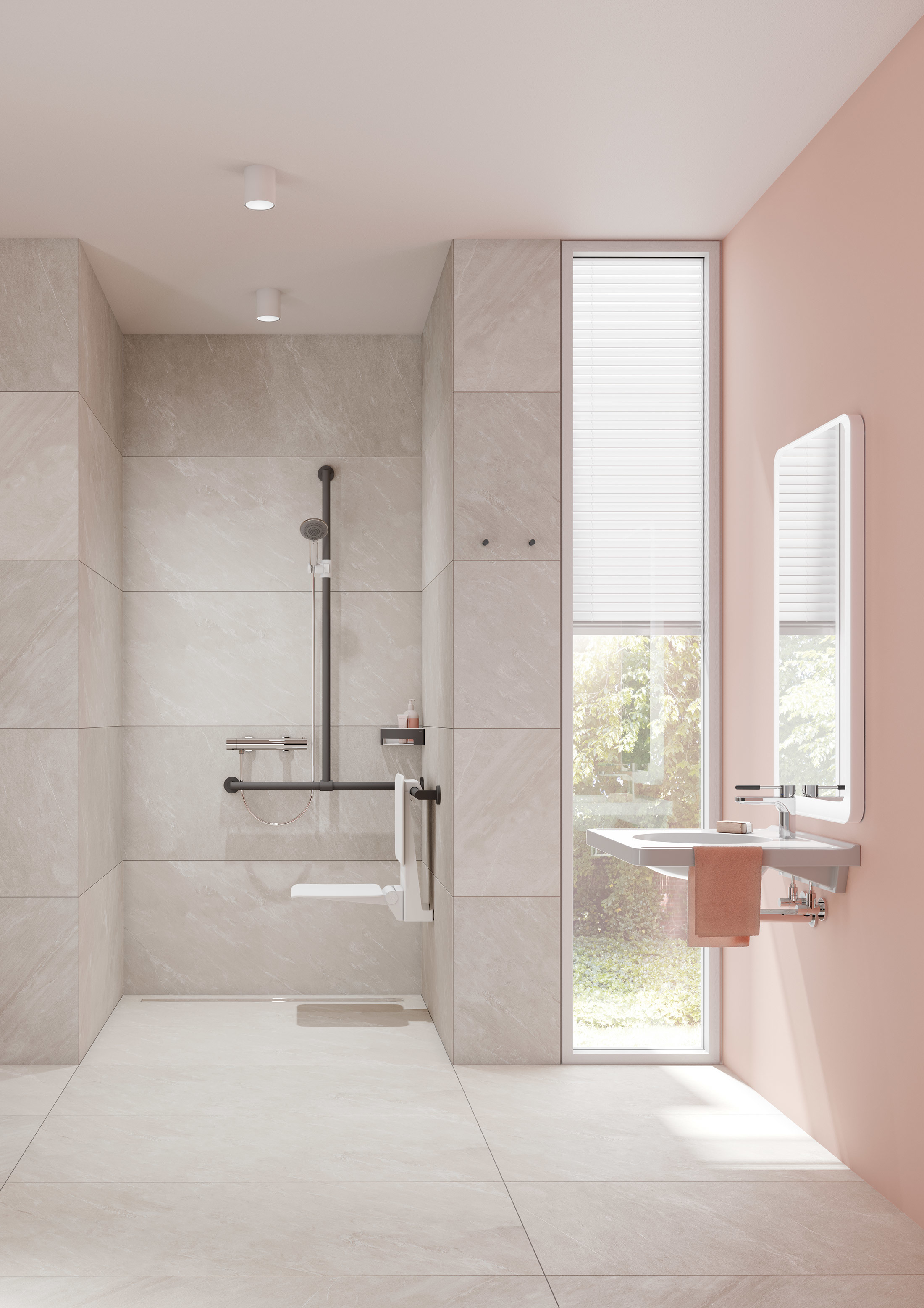 Rail with sideways adjustable vertical support bar and shower head ...