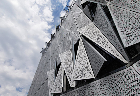Perforated triangular screens as cladding, University Campus in Kolding ...